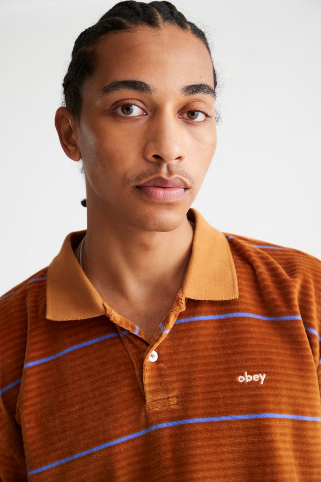 OBEY Fete Velour Stripe Polo Shirt | Urban Outfitters