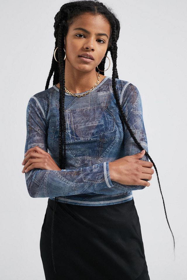 UO Denim Print Mesh Top | Urban Outfitters