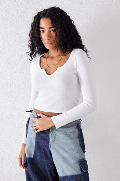Urban Outfitters Uo Penny Pointelle Notch Neck Top In White | ModeSens