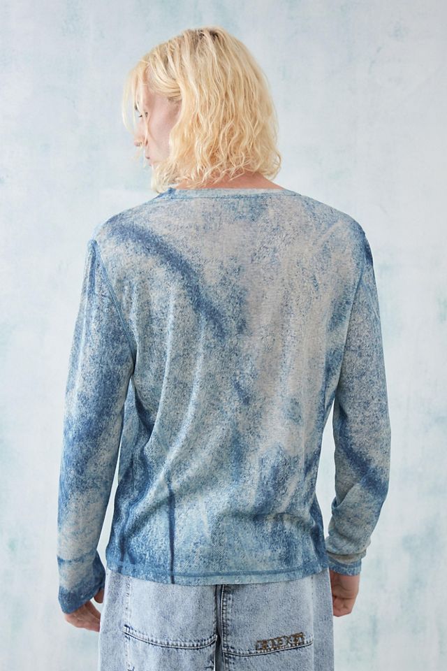 UO Blue Denim Print Mesh Long Sleeve Tee | Urban Outfitters