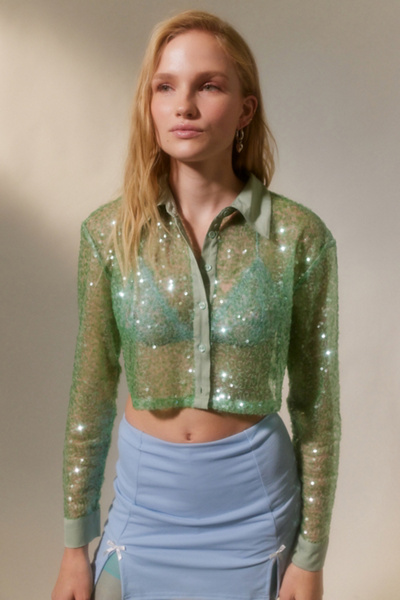 UO Shelly Sheer Sequin Button-Down Top | Urban Outfitters