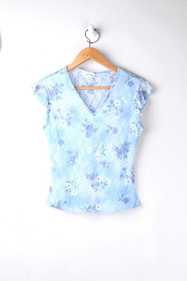 Vintage Y2k Light Blue Printed Lacy Top | Urban Outfitters