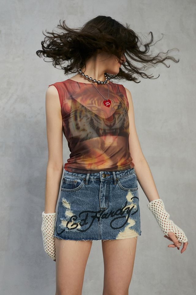 Ed Hardy UO Exclusive Tigers Denim Mini Skirt | Urban Outfitters