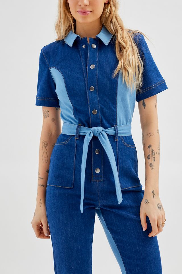 UO Isa Denim Colorblock Jumpsuit | Urban Outfitters