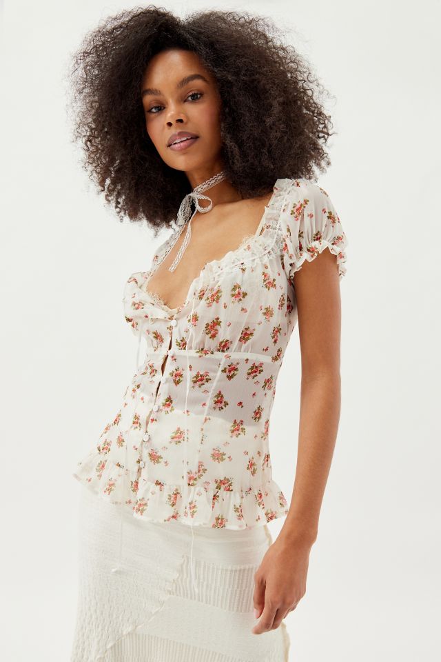 Uo Angie Semi Sheer Puff Sleeve Blouse Urban Outfitters