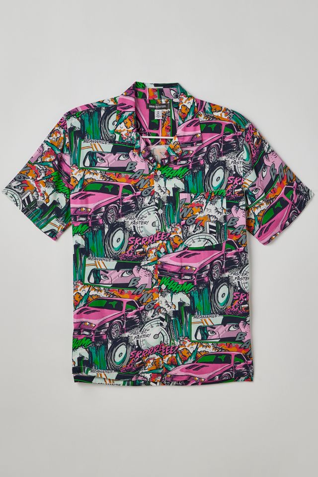 UO Comic Print Rayon Button-Down Shirt | Urban Outfitters