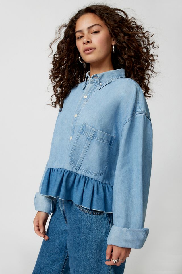 Urban Renewal Remade Denim Ruffle Peplum Shirt | Urban Outfitters