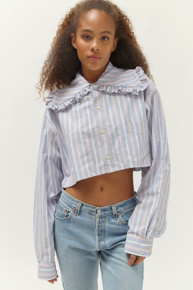 Urban Renewal Remade Striped Cropped Ruffle Collar Shirt | Urban Outfitters