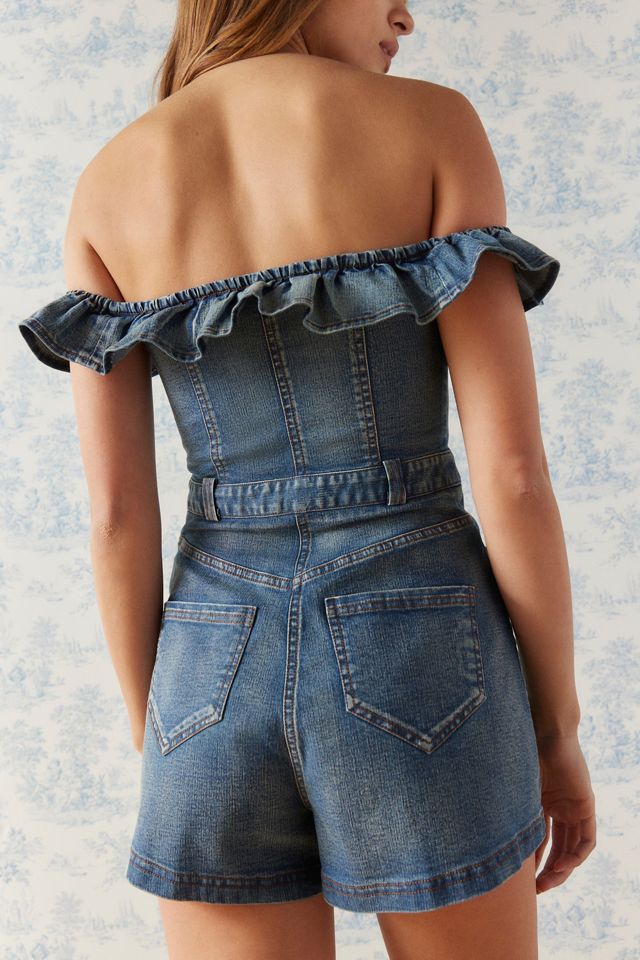 Kimchi Blue Jeena Denim Off-The-Shoulder Romper | Urban Outfitters Canada