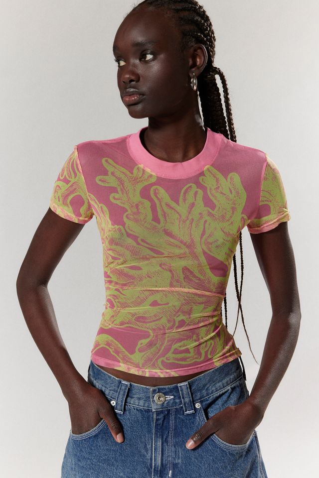 Private Policy Mesh Coral Tee | Urban Outfitters