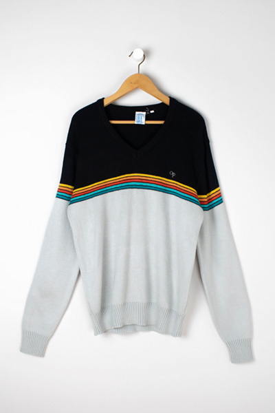 Vintage 90s Op Black & Grey Striped V-Neck Sweater | Urban Outfitters