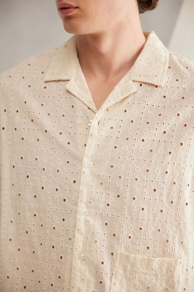 Standard Cloth Eyelet Pattern Short Sleeve Button-Down Cabana Shirt ...
