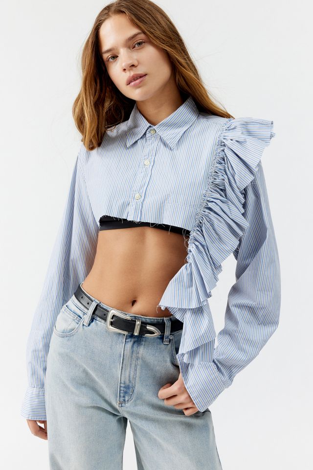 Urban Renewal Remade Side Ruffle Cropped Button-Down Top | Urban Outfitters