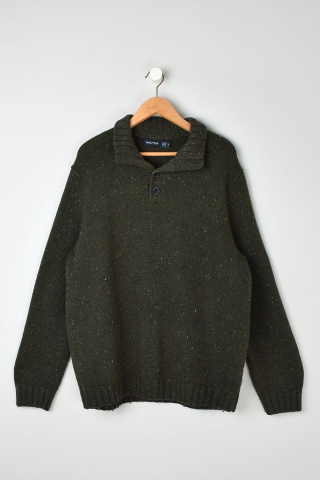 Vintage 90s Dark Moss Speckled Button-Collar Sweater | Urban Outfitters