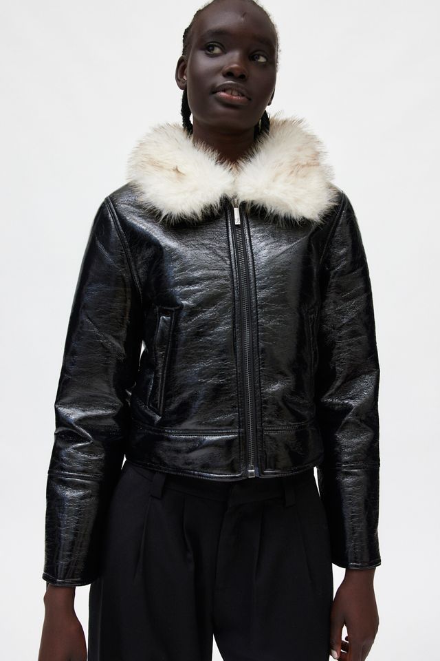 Unreal Fur Wet Look Aviator Jacket | Urban Outfitters