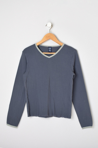 Vintage Y2k Slate Grey Long-Sleeve Top with Lace Trim | Urban Outfitters