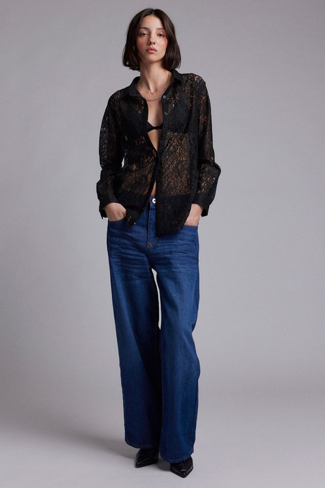 WILDFANG Empower Lace Long Sleeve Button-Down Shirt | Urban Outfitters