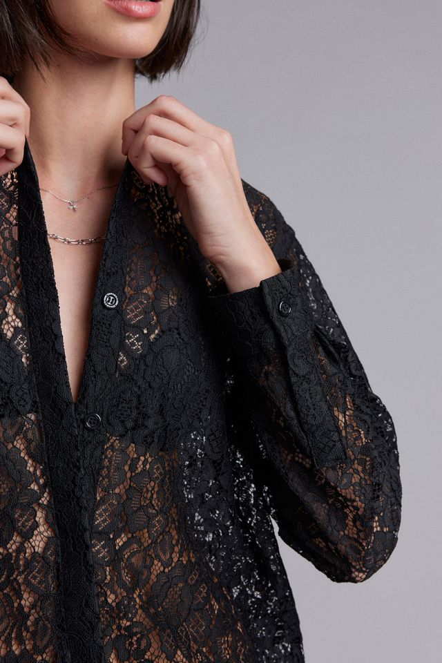 WILDFANG Empower Lace Long Sleeve Button-Down Shirt | Urban Outfitters