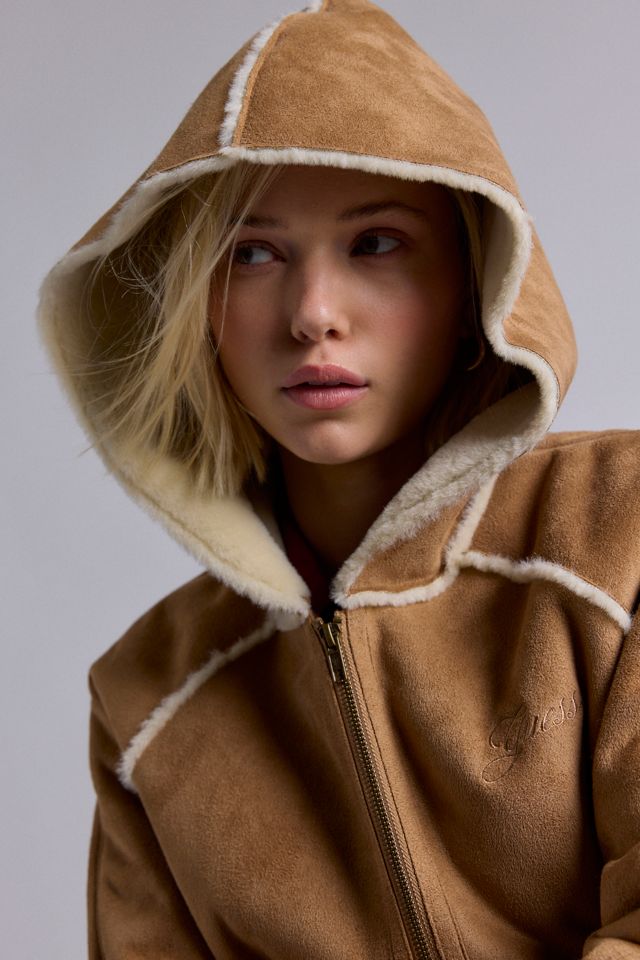 GUESS ORIGINALS Faux Suede + Faux Fur Trim Hooded Jacket | Urban Outfitters