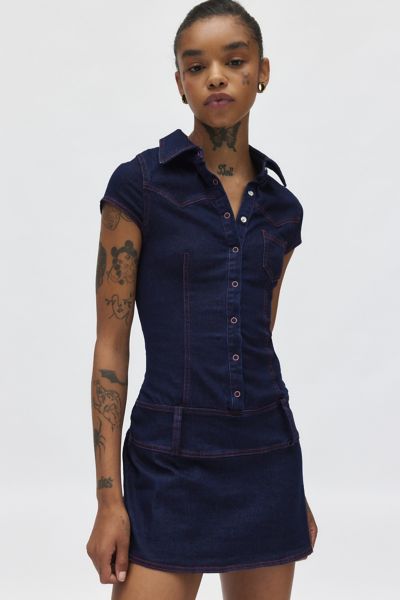 Ecote Stacey Denim Button Front Drop Waist Mini Dress | Urban Outfitters