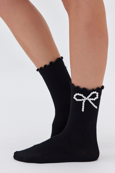 Pearl Bow Ribbed Sock | Urban Outfitters