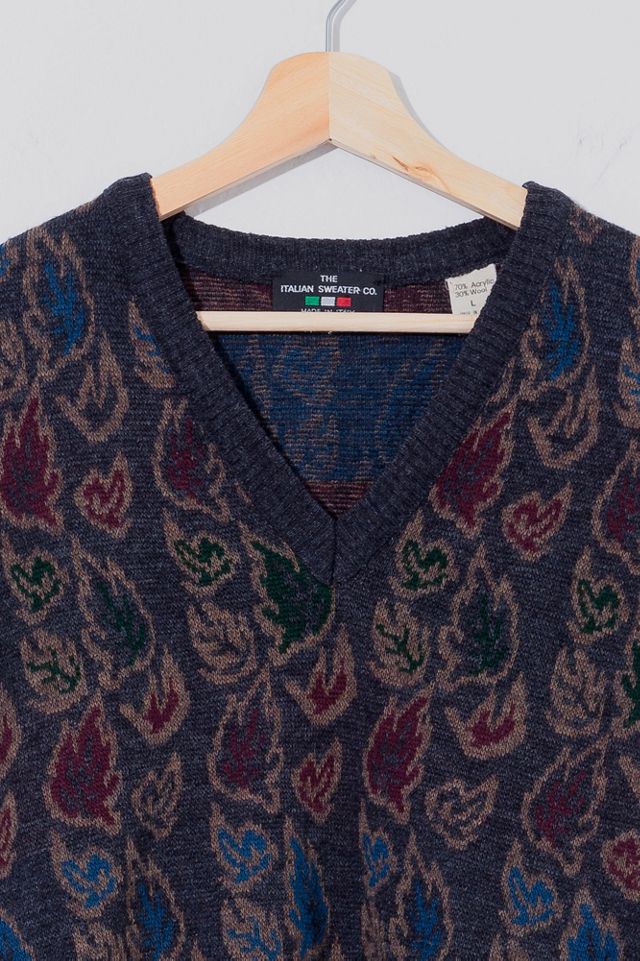 Vintage 1990s Italian V-Neck Leaf Print Sweater Made in Italy | Urban ...