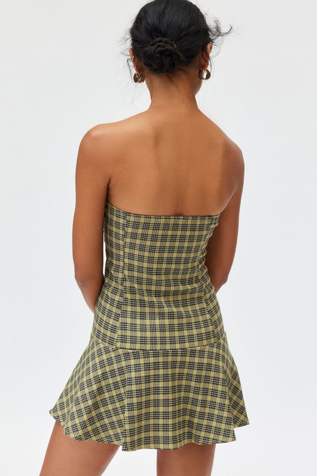 Motel Hadia Plaid Strapless Drop Waist Mini Dress | Urban Outfitters