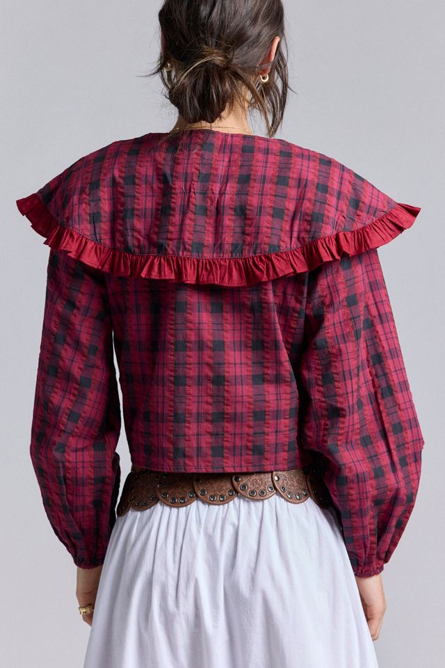 Neon Rose Gracie Oversized Collar Ruffle Trim Plaid Blouse | Urban ...