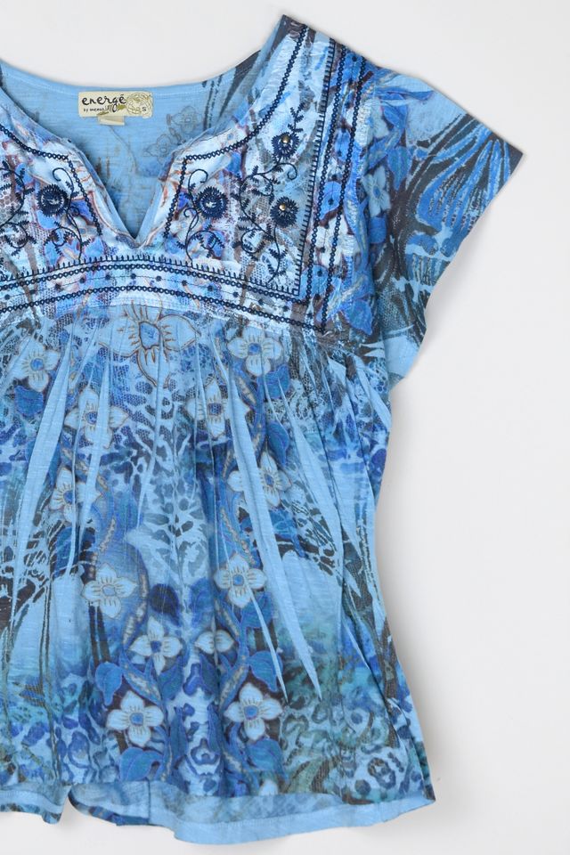 Vintage Y2k Blue Embroidered & Printed Top | Urban Outfitters