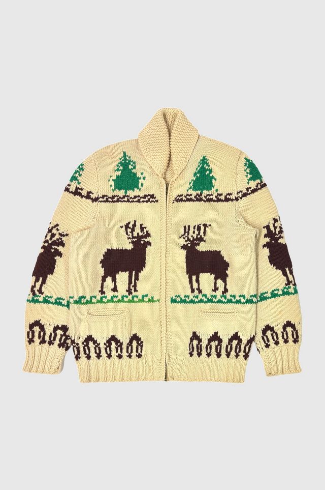 Vintage 1960’s Reindeer Hand Knit Wool Zip Sweater | Urban Outfitters