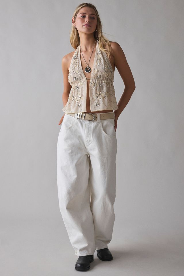 UO Carmellia Embroidered Split-Front Flyaway Halter Top | Urban Outfitters