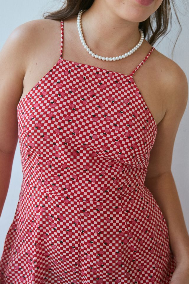 Glamorous Cherries + Checks Tie-Back Satin Romper | Urban Outfitters Canada