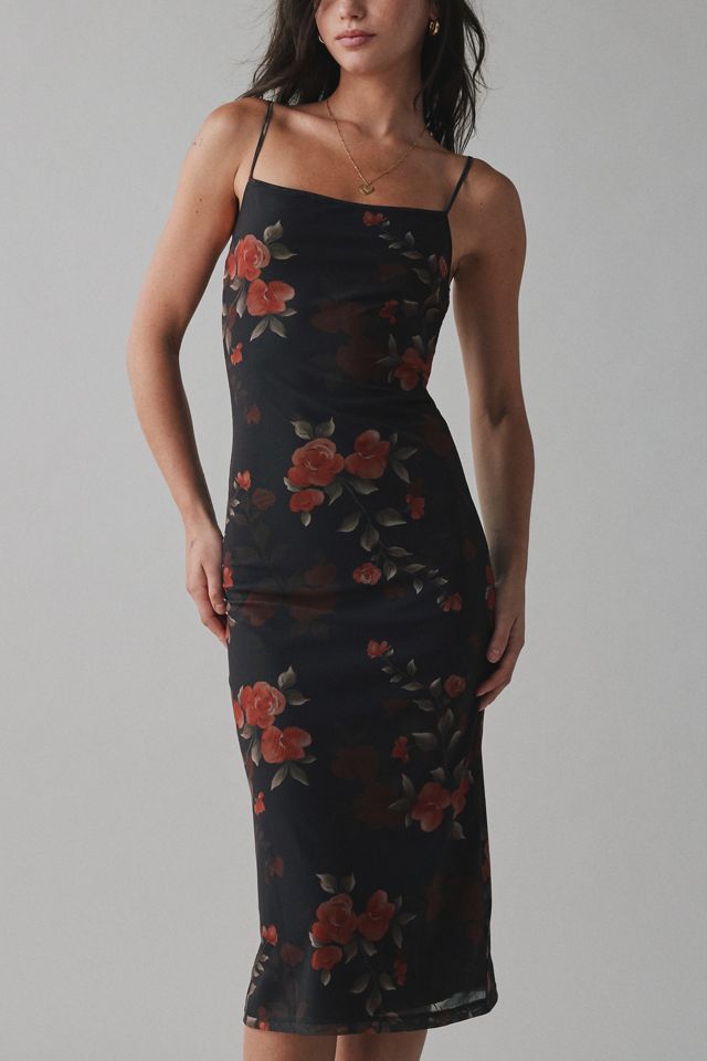 Motel Nori Watercolor Rose Mesh Slip Midi Dress | Urban Outfitters Canada