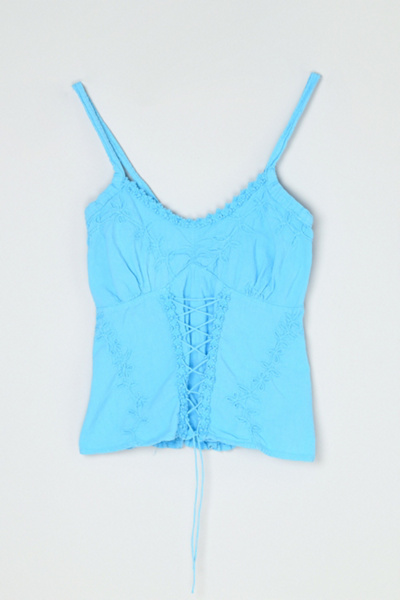 Vintage 90s Light Blue Spaghetti Strap Top with Lacing | Urban Outfitters