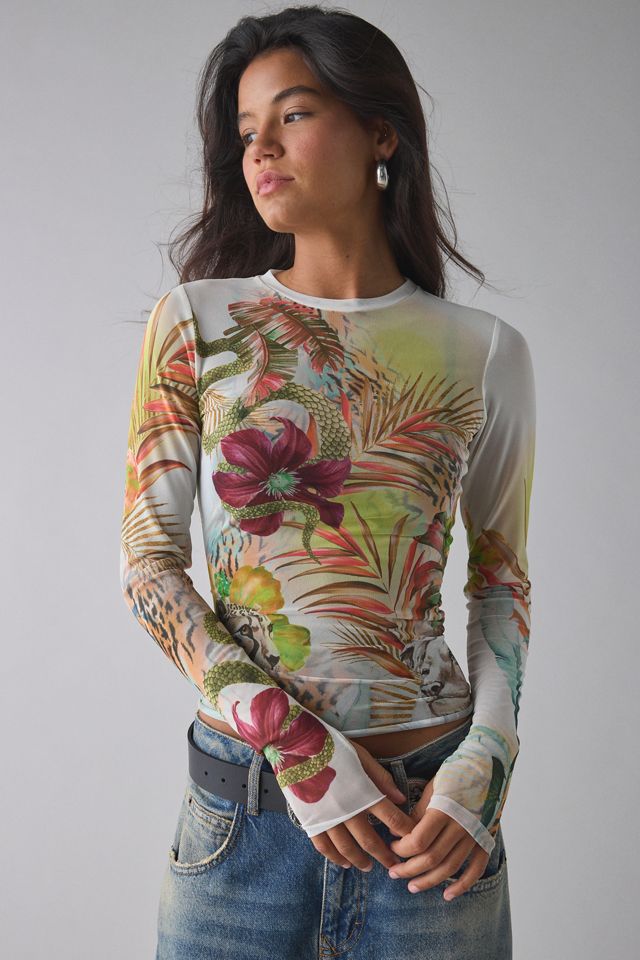 AFRM Desert Tropical Kaylee Mesh Long Sleeve Crop Top | Urban Outfitters